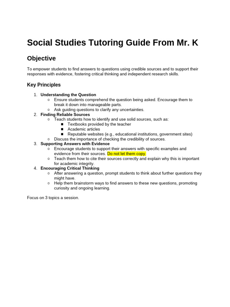 Social Studies Tutoring Guide | PDF | Career & Growth