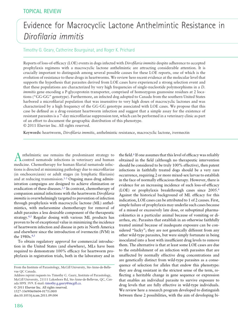 Evidence For Macrocyclic Lactone Anthelmintic Resistance In Dirofilaria Immitis Pdf Single