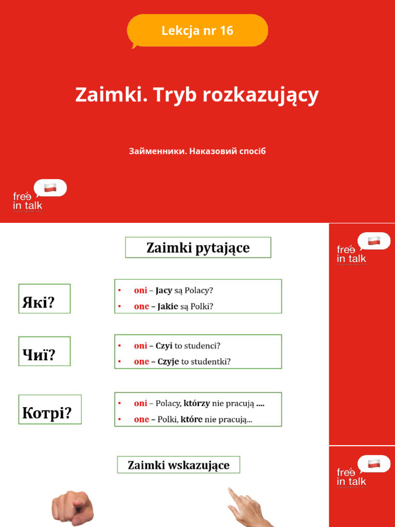 Zaimki. Tryb Rozkazujący: Lekcja NR 16 | PDF