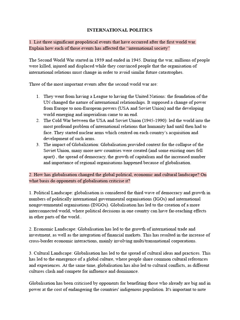 Key Events Shaping International Politics | PDF | Globalization ...