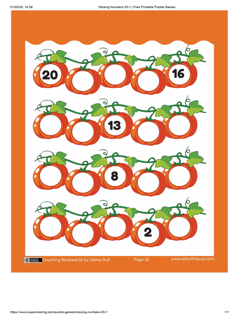 Missing Numbers 20-1 - Free Printable Puzzle Games | PDF