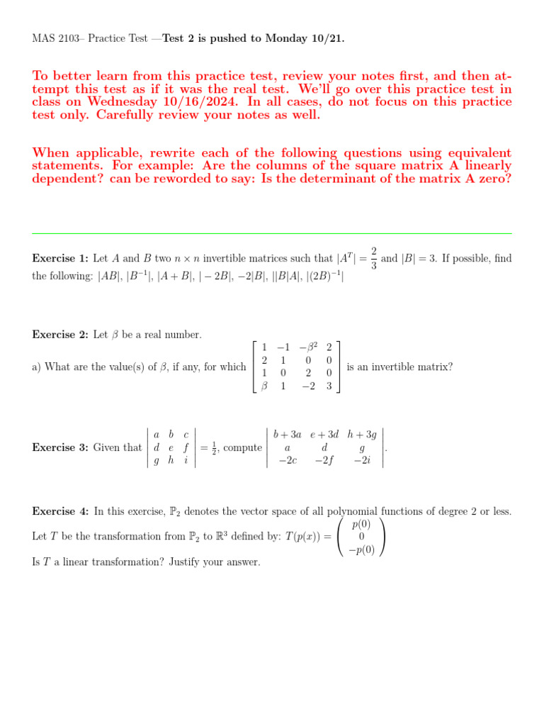 MAS 2103 Practice Test 2 Overview | PDF | Matrix (Mathematics) | Basis ...