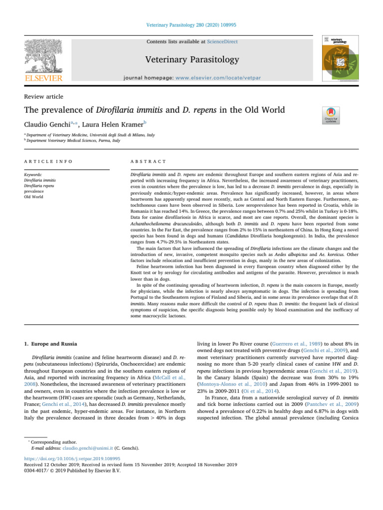 The Prevalence of Dirofilaria Immitis and D. Repens in The Old World ...