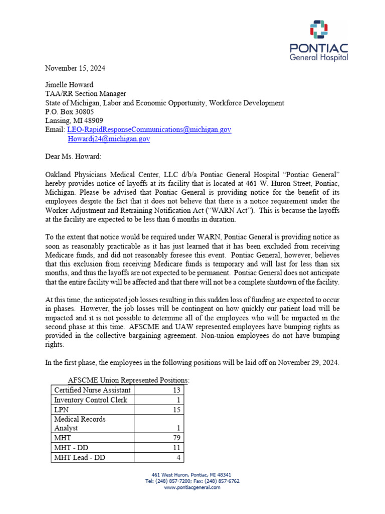 Pontiac General Layoff Notice | PDF | Social Programs | Labor