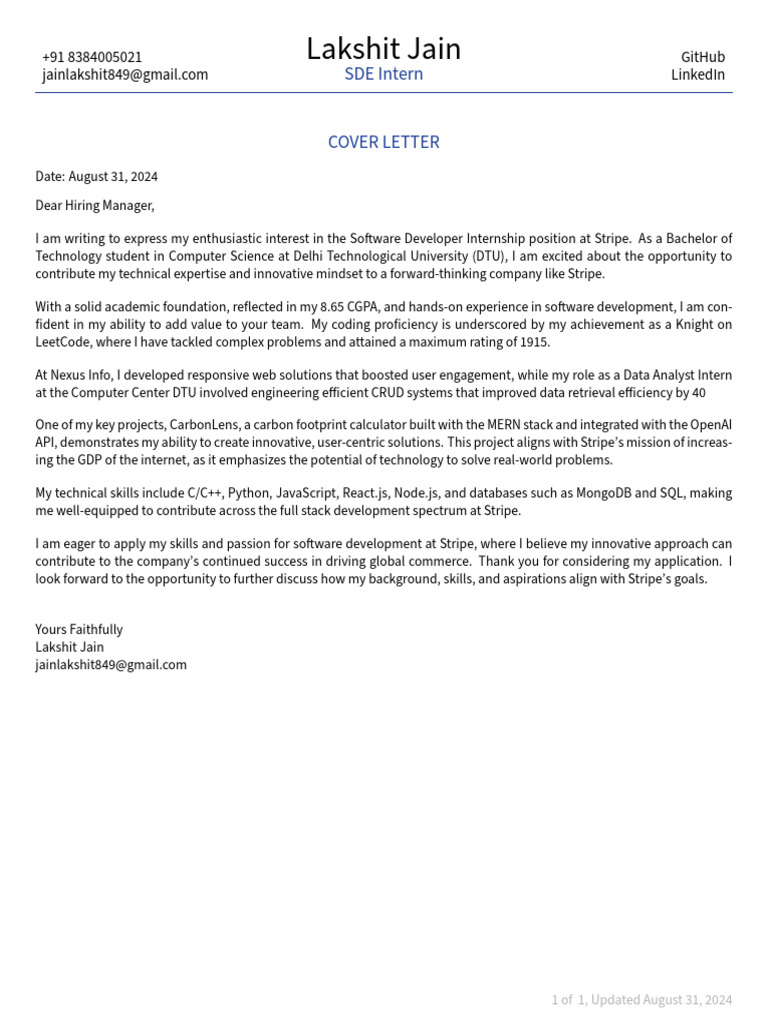 Lakshit Jain Cover Letter | PDF