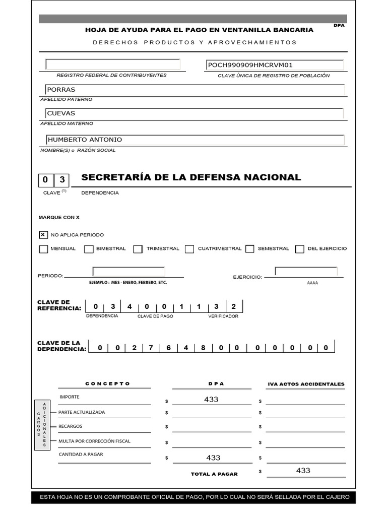 Hoja de Ayuda para Pago SEDENA 02-040 | PDF