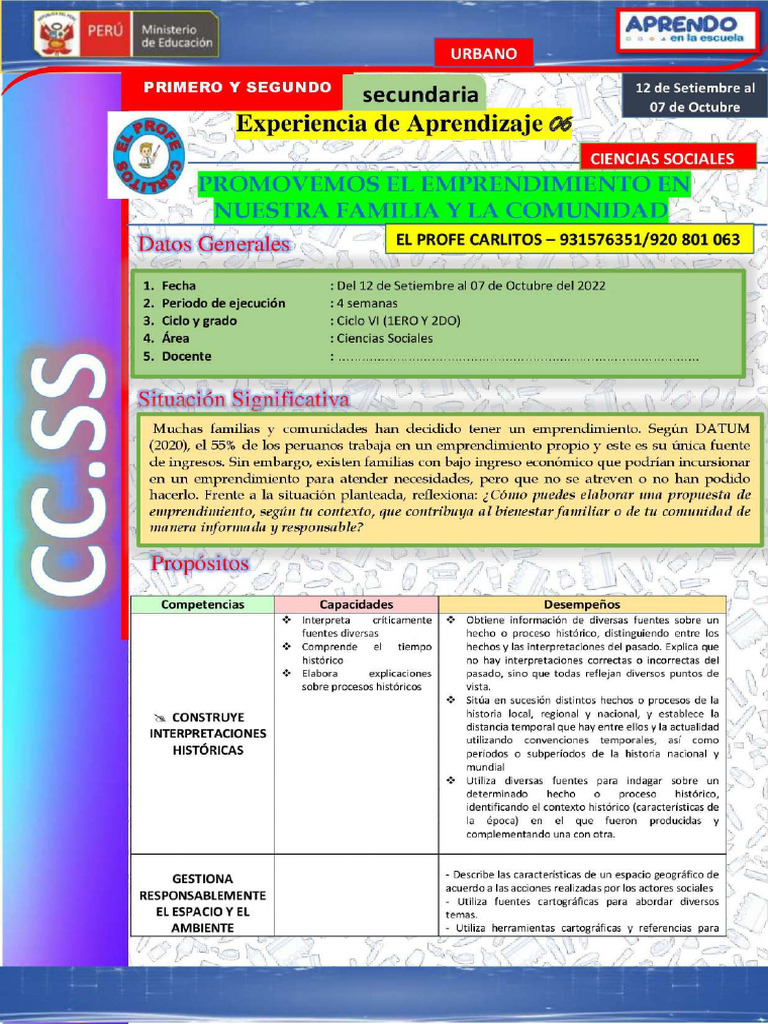 Experiencia de Aprendizaje 06 - 1ero y 2do - Ciencias Sociales - 2022 - 00001 | PDF