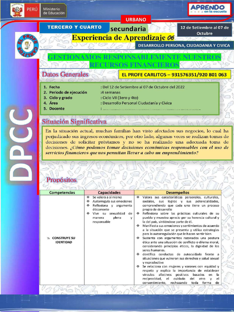 Experiencia de Aprendizaje 06 - 3ero y 4to - Desarrollo Personal Ciudadania y Civica - 2022 ...