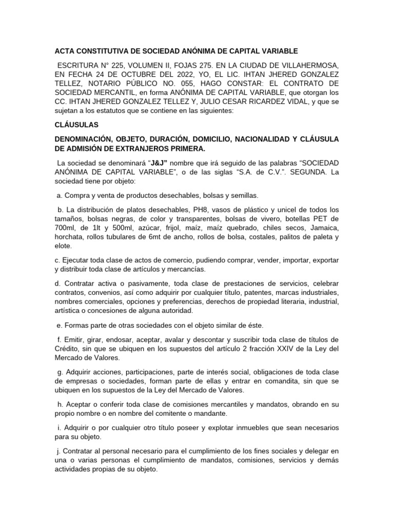 ACTA CONSTITUTIVA DE SOCIEDAD ANÓNIMA DE CAPITAL VARIABLE y Objetivos | PDF | Sociedad de ...