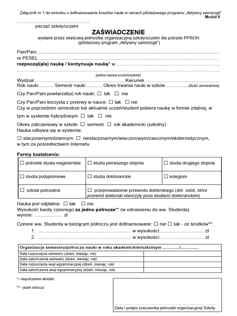 Zał. NR 1 Zaświadczenie Z Uczelni | PDF