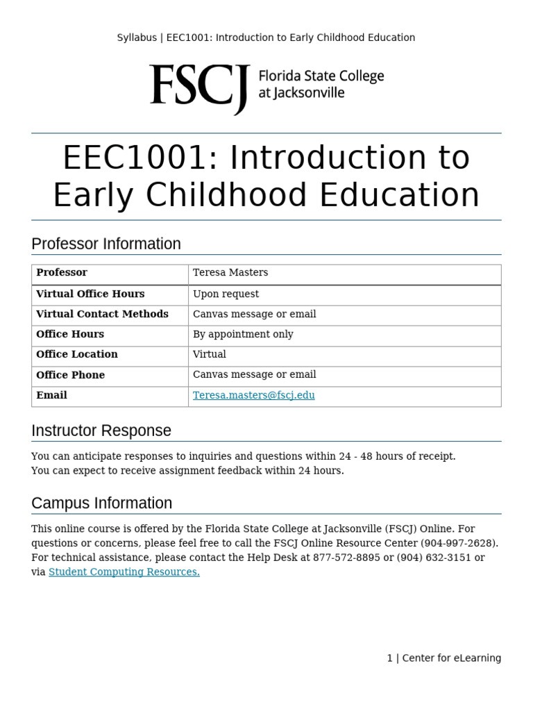 EEC1001: Introduction To Early Childhood Education: Professor ...