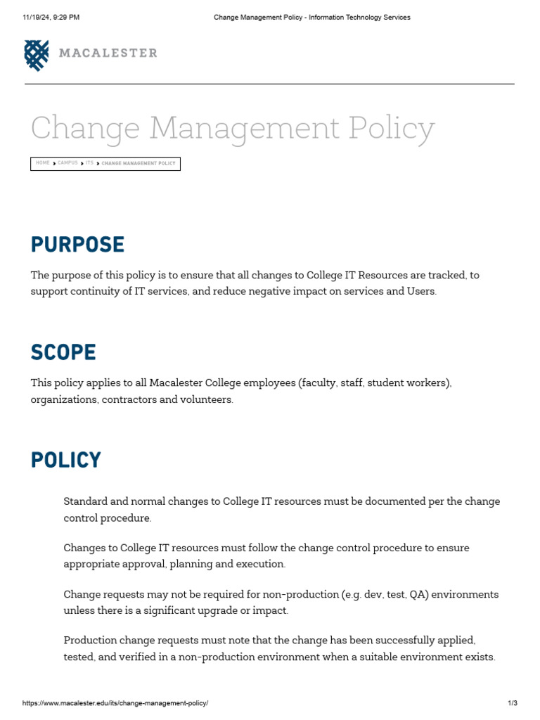 Change Management Policy - Best Description MACALISTER | PDF ...