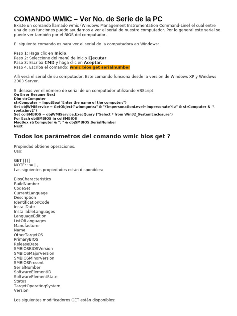 Comando WMIC: Ver Serial de PC | PDF | Hardware de la computadora | Red ...