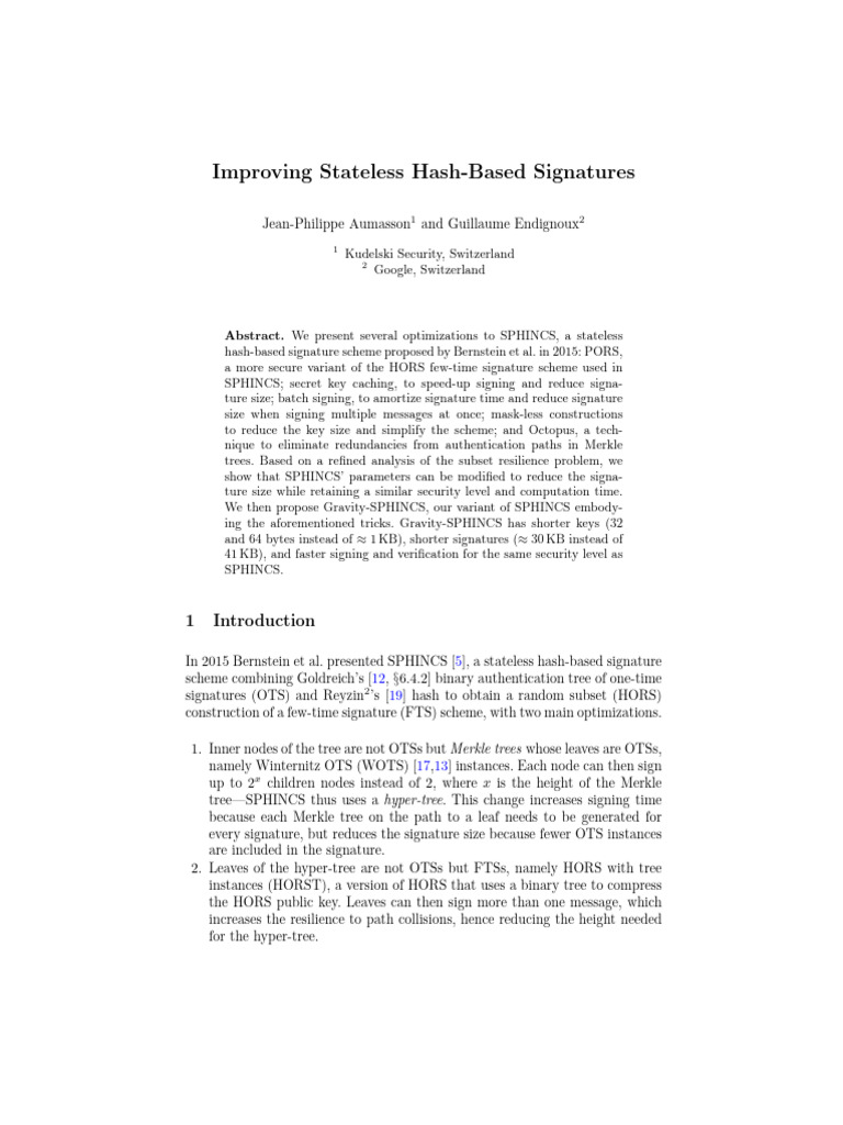 Improving Stateless Hash-Based Signatures | PDF | Computer Science | Applied Mathematics