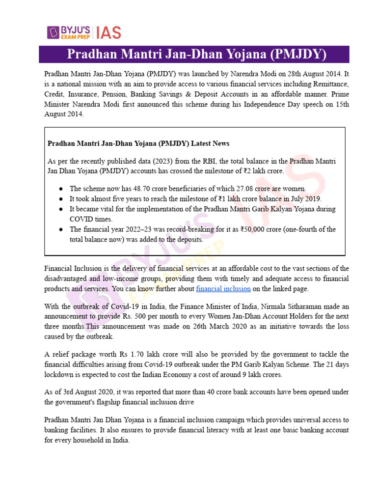 Overview of Pradhan Mantri Jan-Dhan Yojana | PDF | Financial Services ...