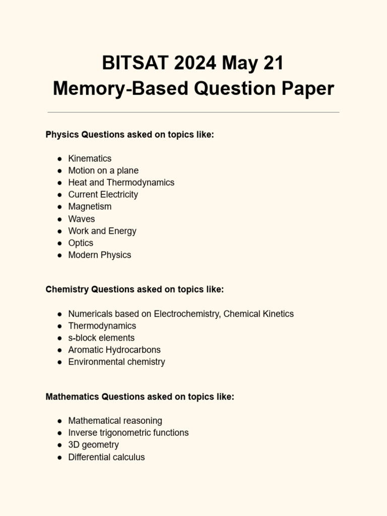 BITSAT Question Paper 2024 Session 1 May 21 | PDF