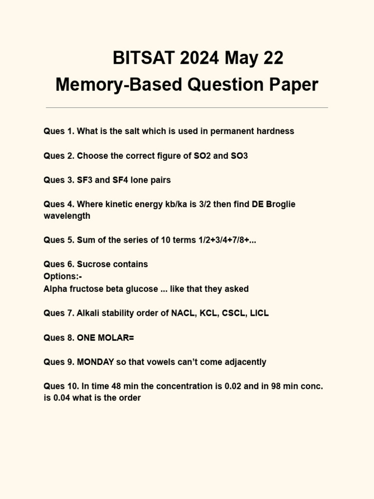 BITSAT Question Paper 2024 Session 1 May 22 | PDF
