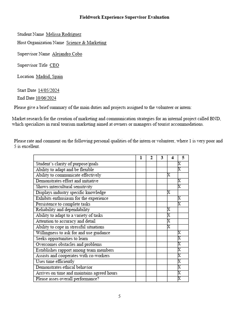 Fieldwork Experience Supervisor Evaluation | PDF | Evaluation | Social ...