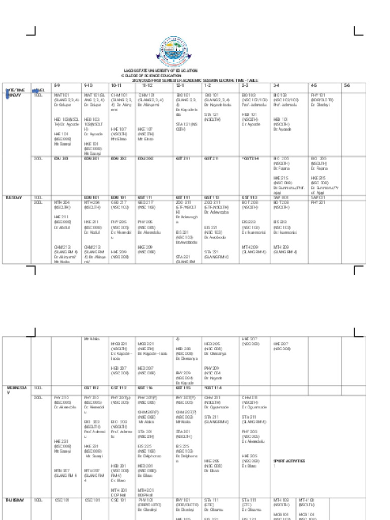 Timetable First Semester Current - Phoenix | PDF