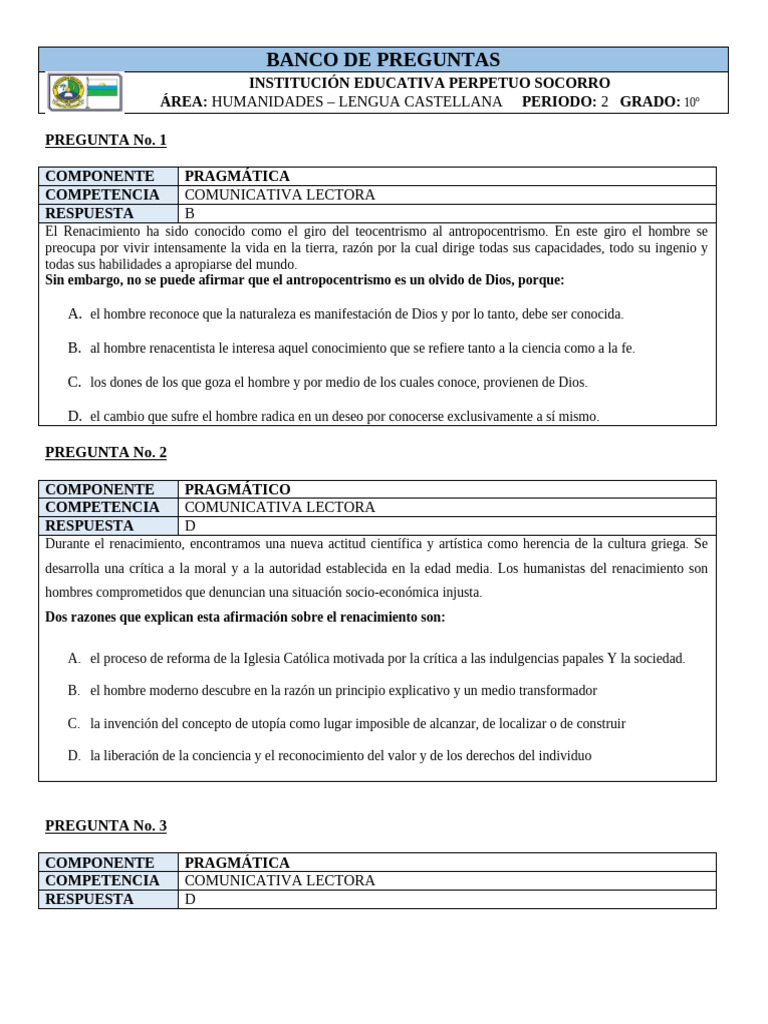 Primer Periodo BAN - PREG - 10 LENGUAJE | PDF | Renacimiento | Edades medias