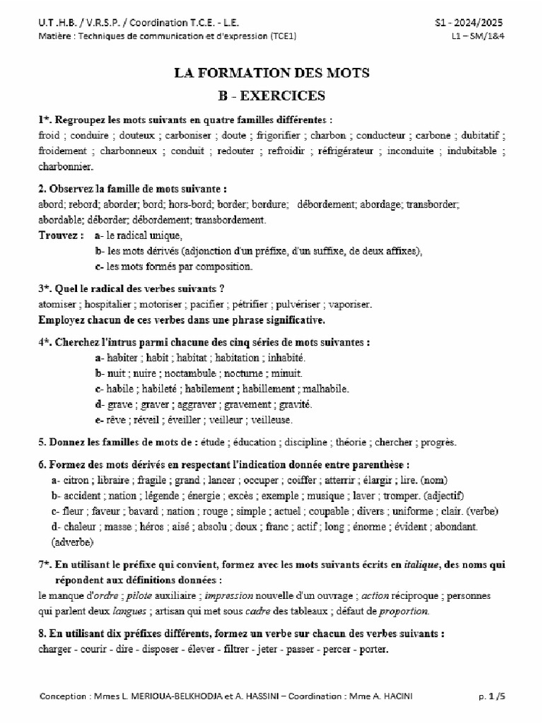 S1 24-25 TD5 - La Formation Des Mots - Exercices | PDF