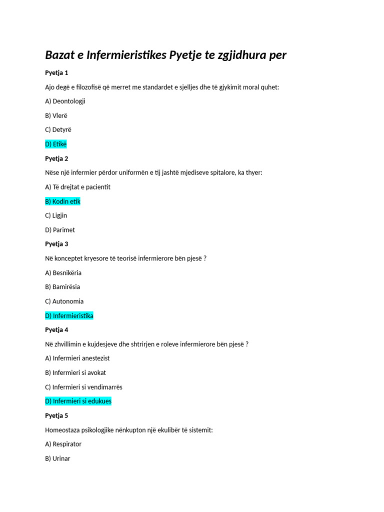 Bazat e Infermieristikes Pyetje Te Zgjidhura Per: Pyetja 1 | PDF