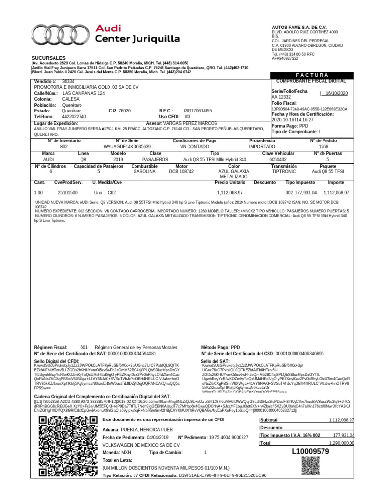 Factura Audi Q8 | PDF | Industria automotriz | Coche