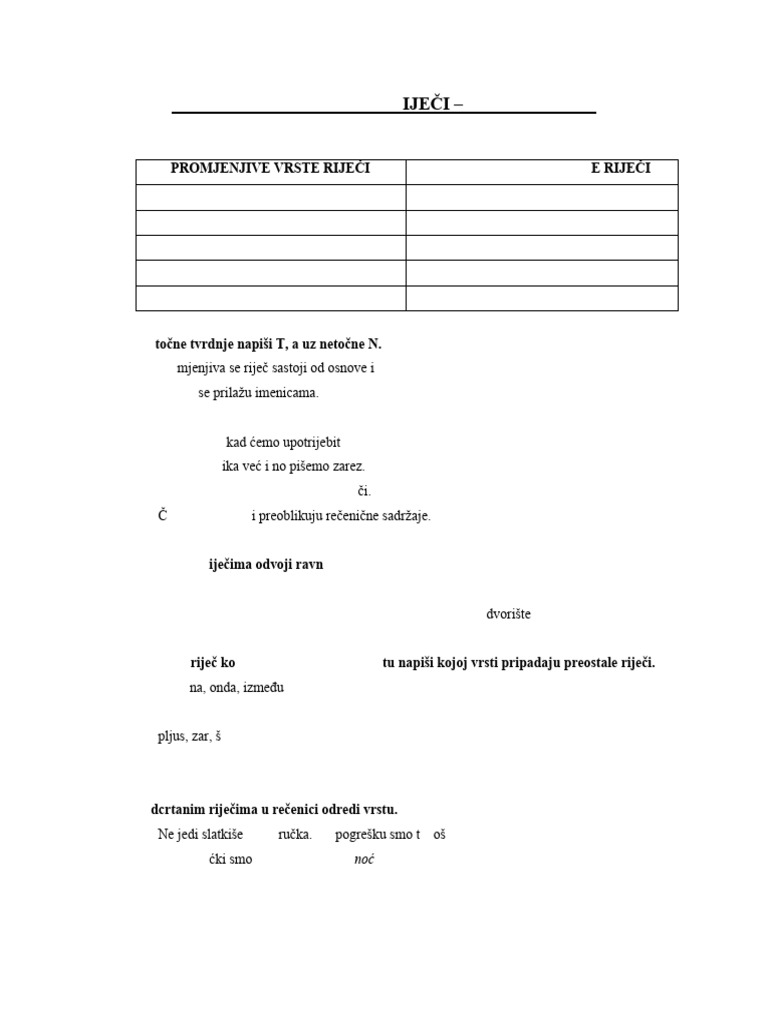 NEPROMJENJIVE VRSTE RIJEČI, Priprema Za Ispit | PDF