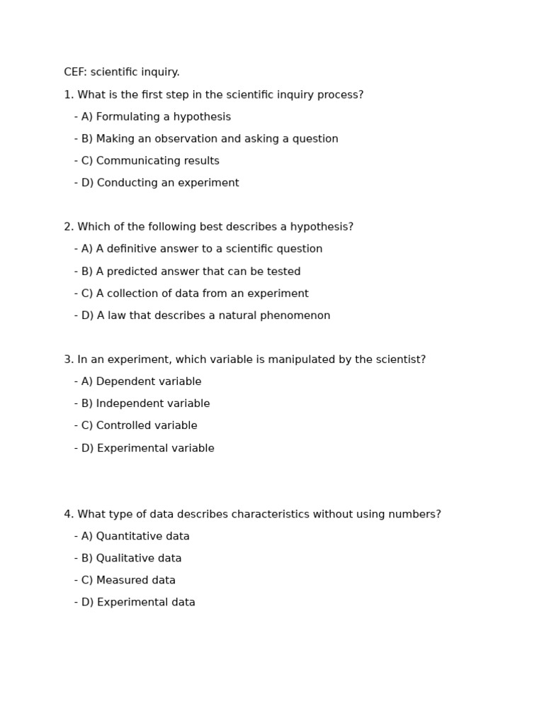 CEF 20 Questions On Scientific Inquiry and Measurements | PDF ...