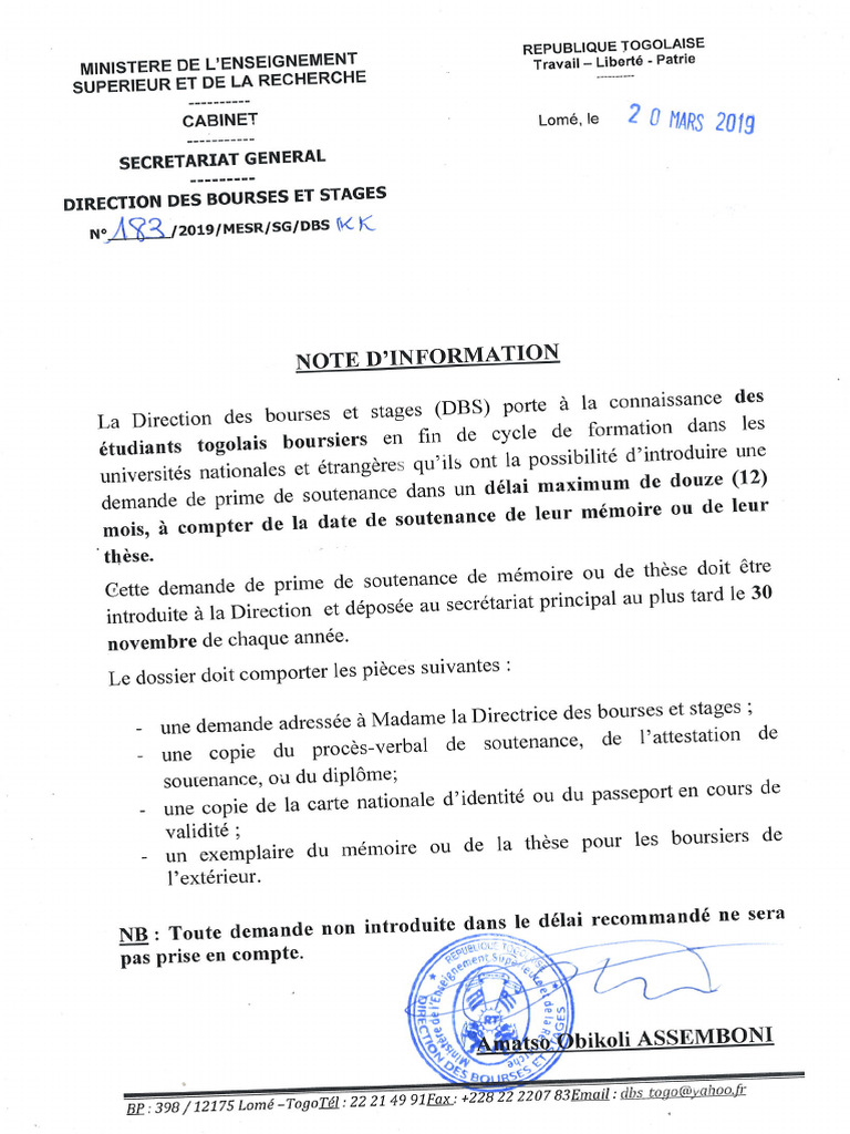 Note D'information Prime Soutenance | PDF