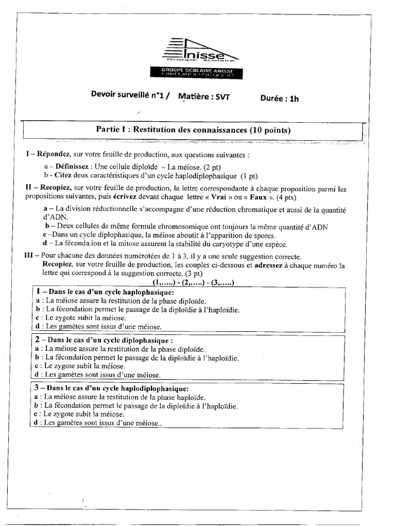 Devoir 1 Modele 1 SVT 2 Bac SM A Semestre 1 | PDF