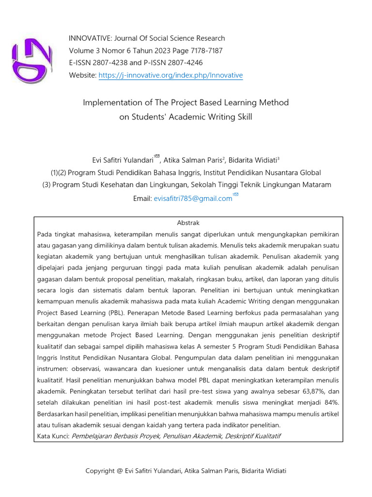 Implementation of The Project Based Learning Method On Students' Academic Writing Skill | PDF ...