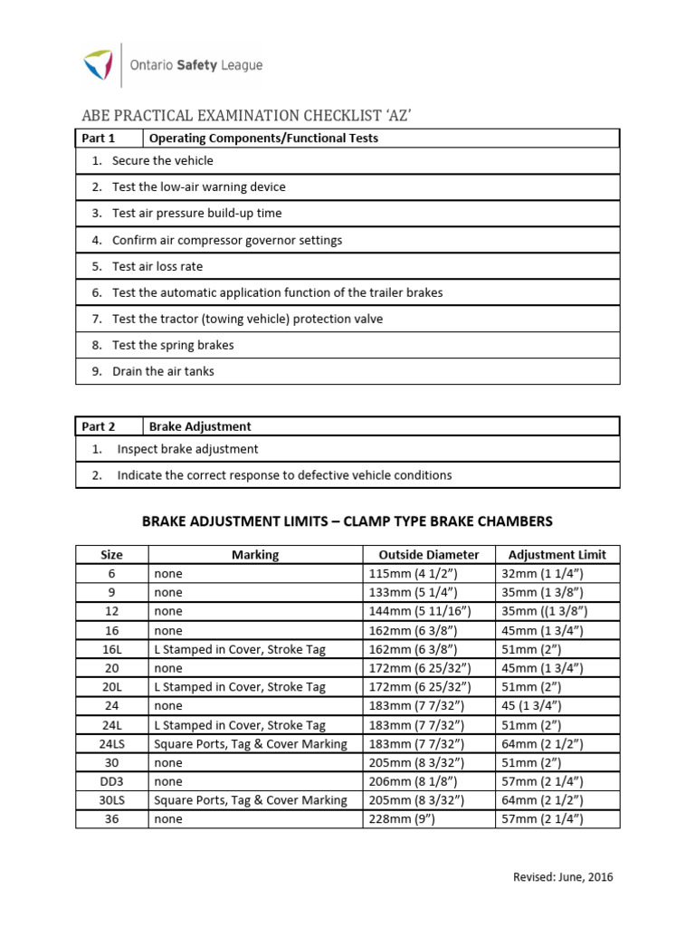 OSL Air Brake Endorsement Practical Examination Checklist AZ | PDF ...