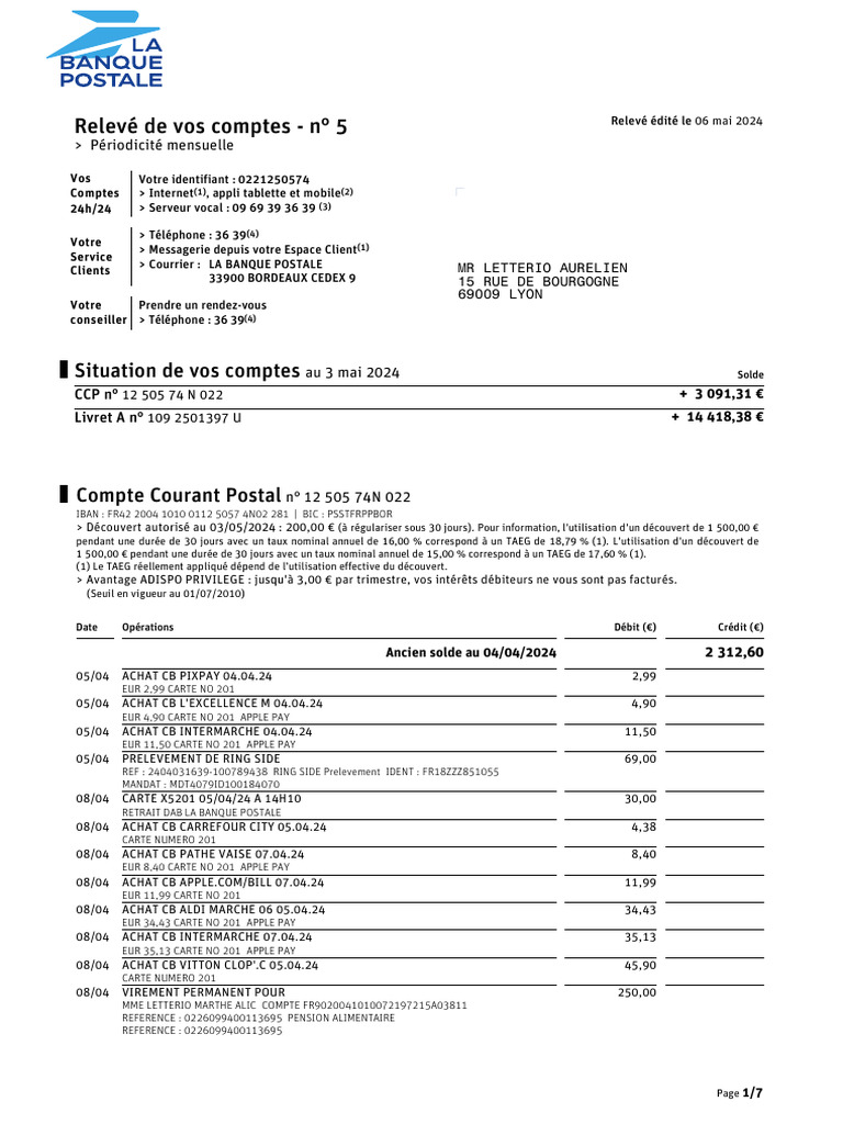 Relevé Mensuel de Compte N° 5 | PDF | Banques | Taux annualisé effectif ...