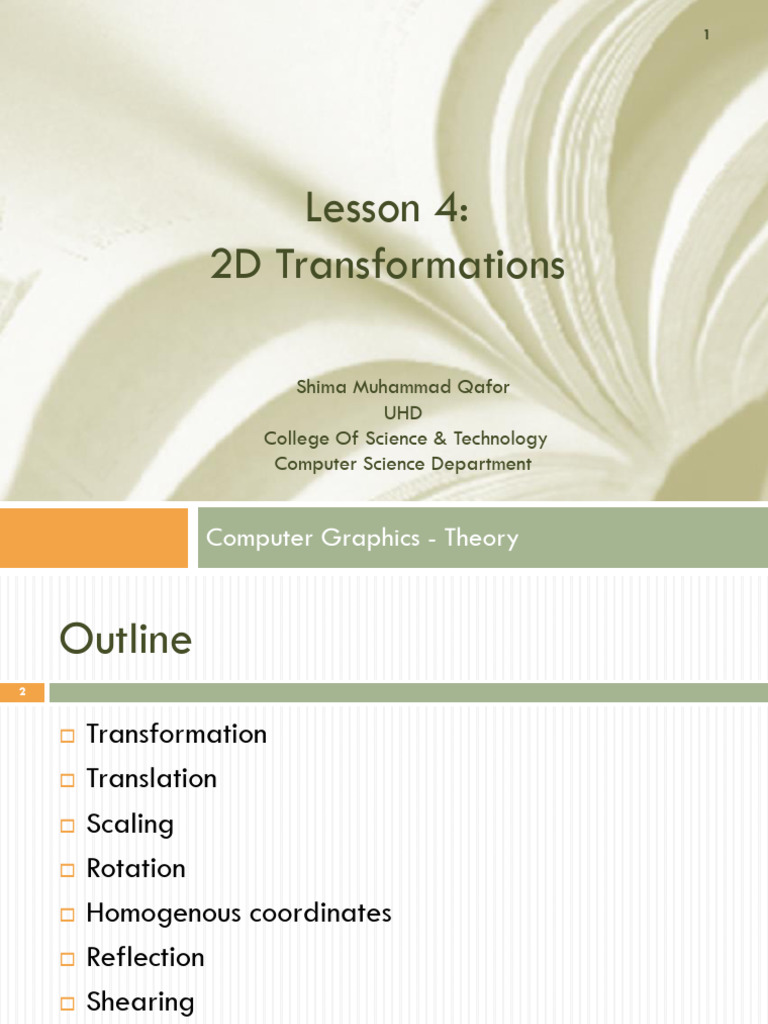Lesson 4 - 2D Transformation | PDF | 2 D Computer Graphics | Elementary ...
