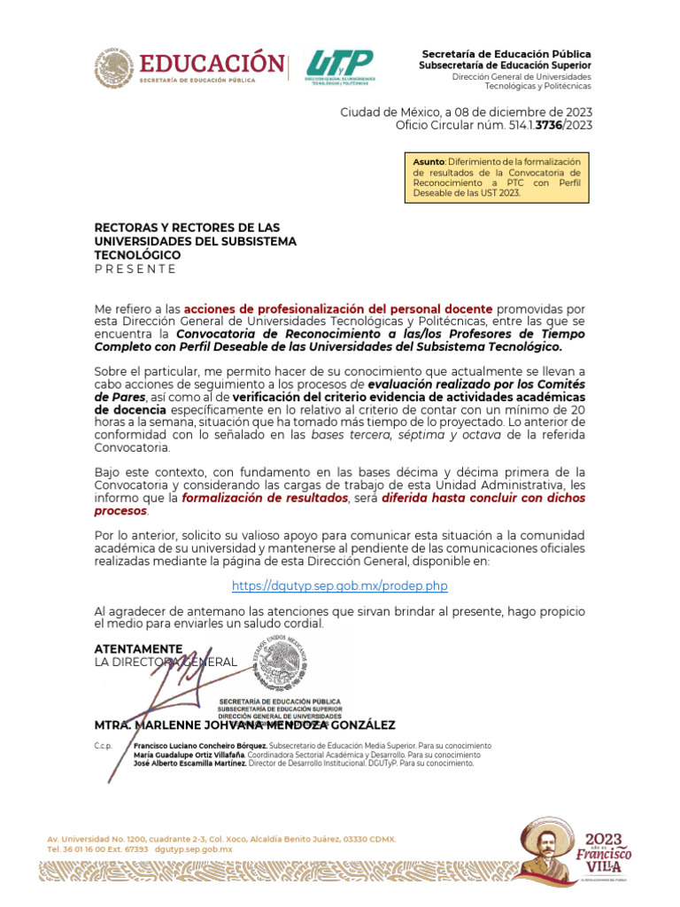 Oficio Circular Diferimiento de Resultados Convocatoria Reconocimiento PTC Perfil Deseable | PDF