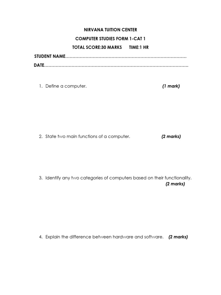 Computer Studies-Form1-Cat1-Alfa | PDF
