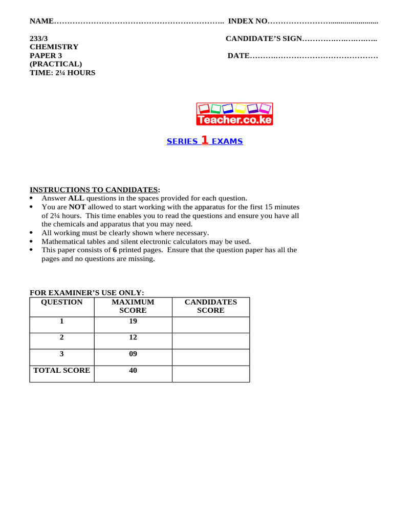 Chemistry Practical Exam 1 Questions | PDF | Sodium | Titration