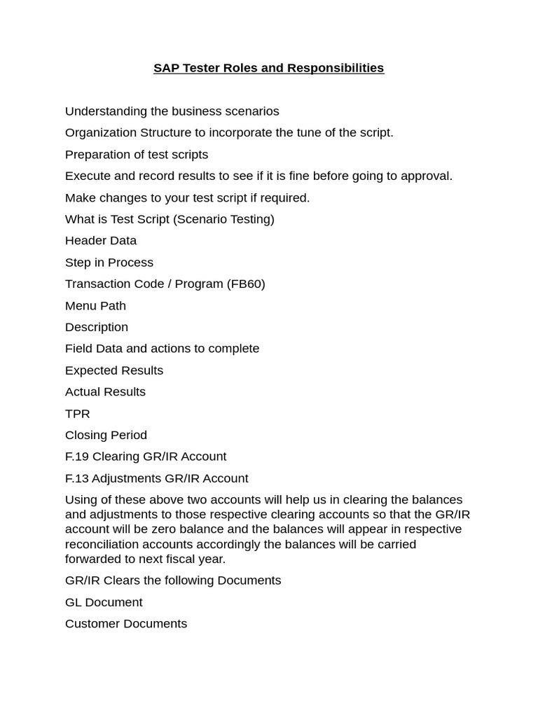 SAP Tester Roles and Responsibilities | PDF | Software Testing ...