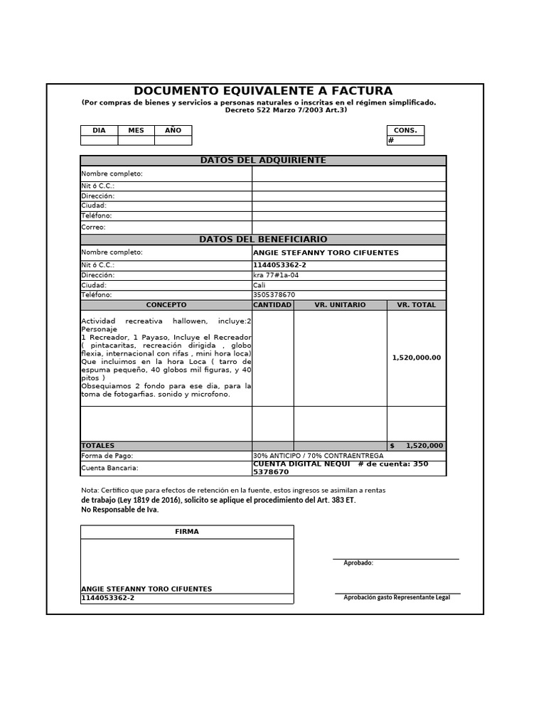 Modelo Cuenta de Cobro Documento Equivalente EN BLANCO | PDF
