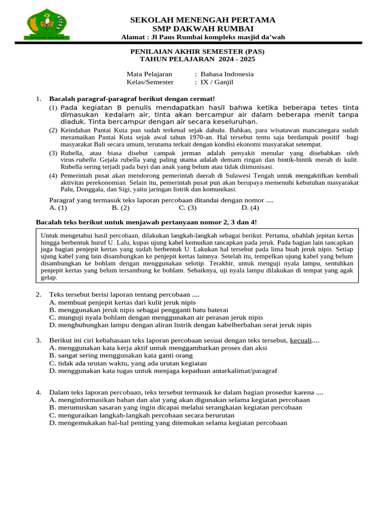 Soal PAS B.Indo Kelas IX | PDF