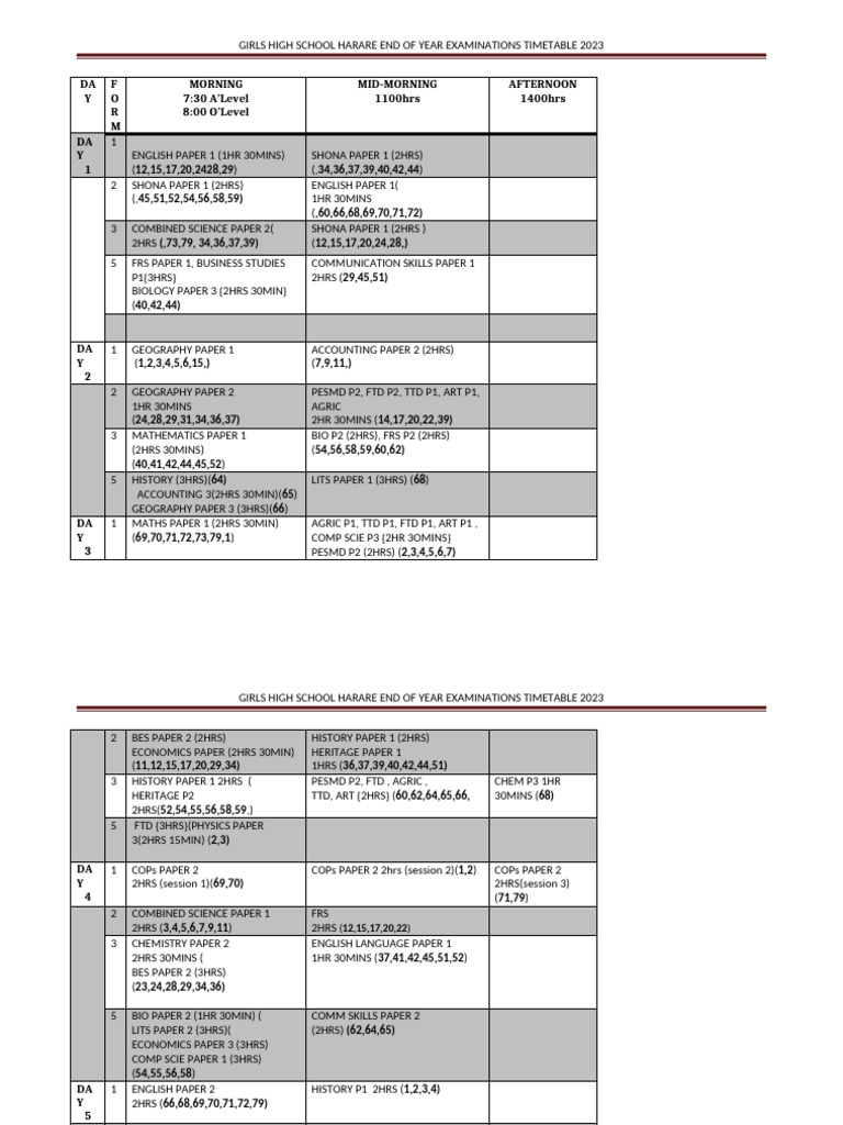 End of Year Exam Timetable 2024 | PDF | Science & Mathematics