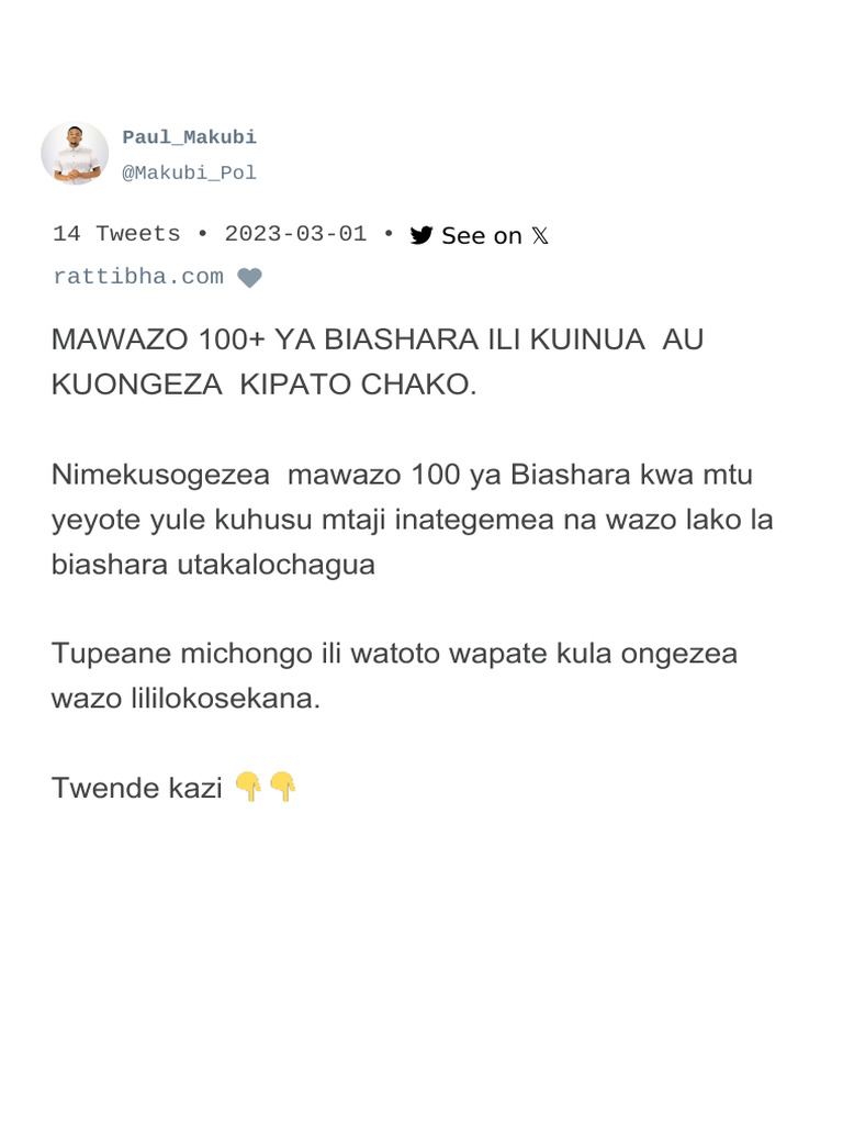 Mawazo 100+ Ya Biashara Thread by Makubi Pol Mar 1, 23 From Rattibha | PDF