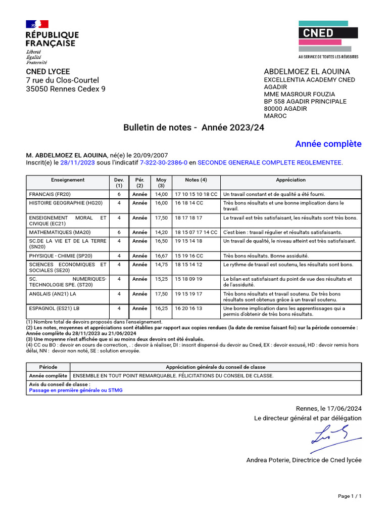 Bulletin de notes 2023/24 - Excellentia | PDF