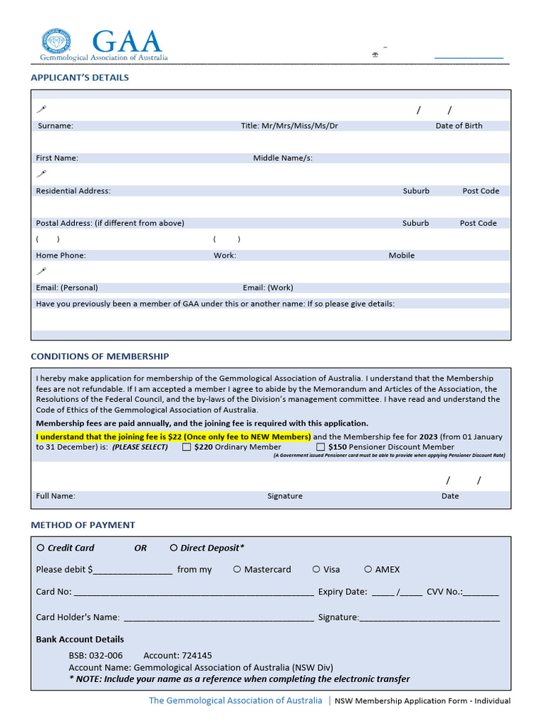 2023 NSW Membership Application Form Individual | PDF
