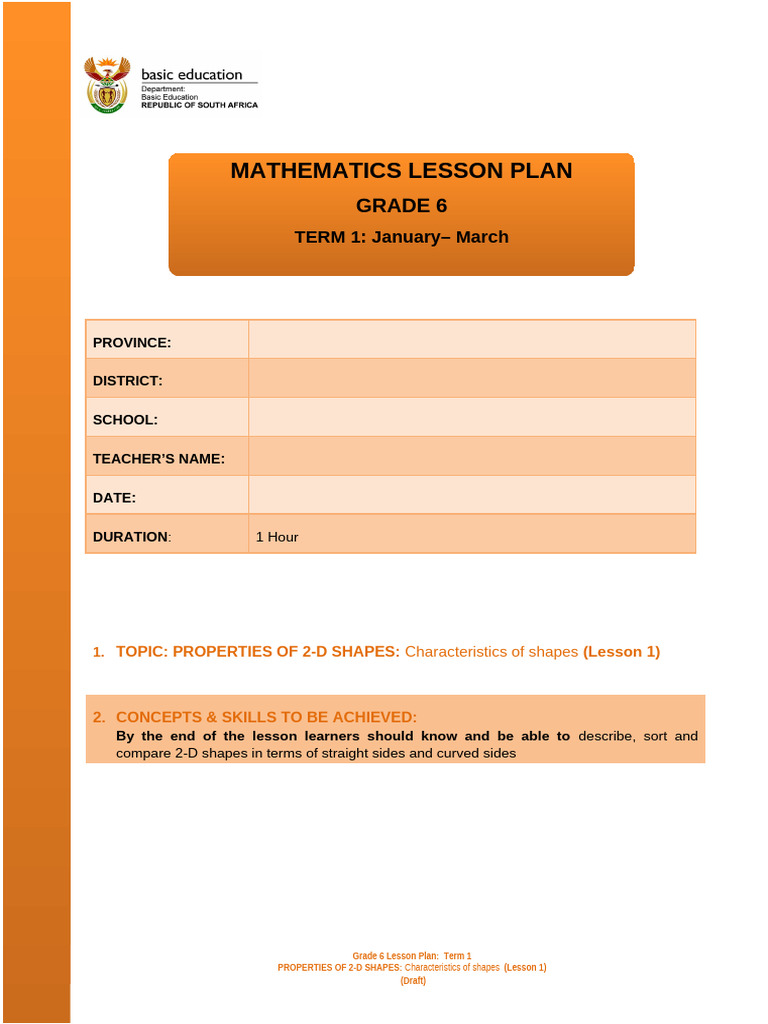 2-D Shapes Properties for Grade 6 | PDF | Shape | Lesson Plan