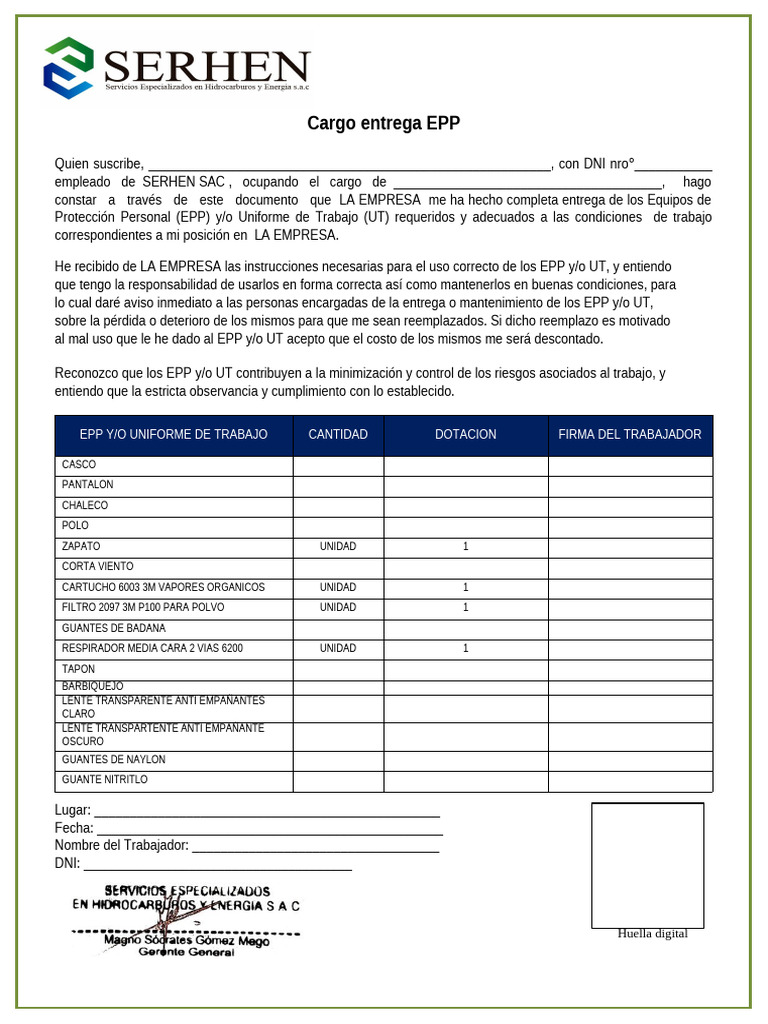 Formato Cargo Entrega Epp | PDF