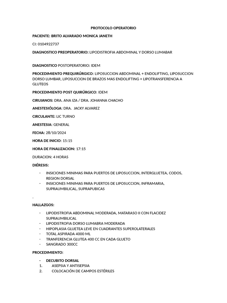 Protocolo Operatorio Lipo | PDF | Hogar, jardinería y bricolaje | Ciencia y matemáticas