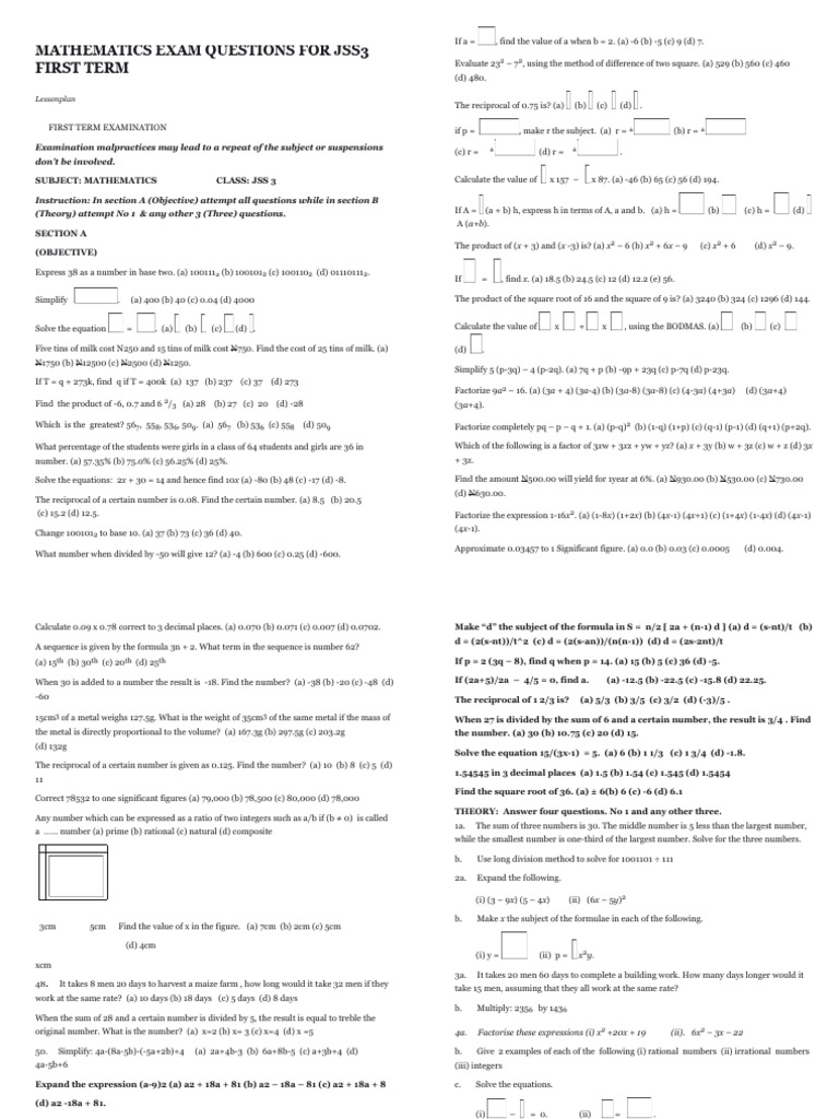 Mathematics Exam Questions For JSS3 First Term | PDF | Numbers | Mathematics