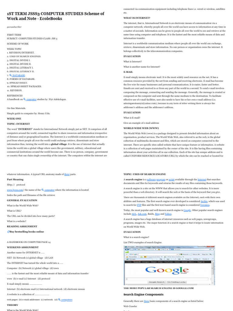1ST TERM JSSS3 COMPUTER STUDIES Scheme of Work and Note | PDF ...